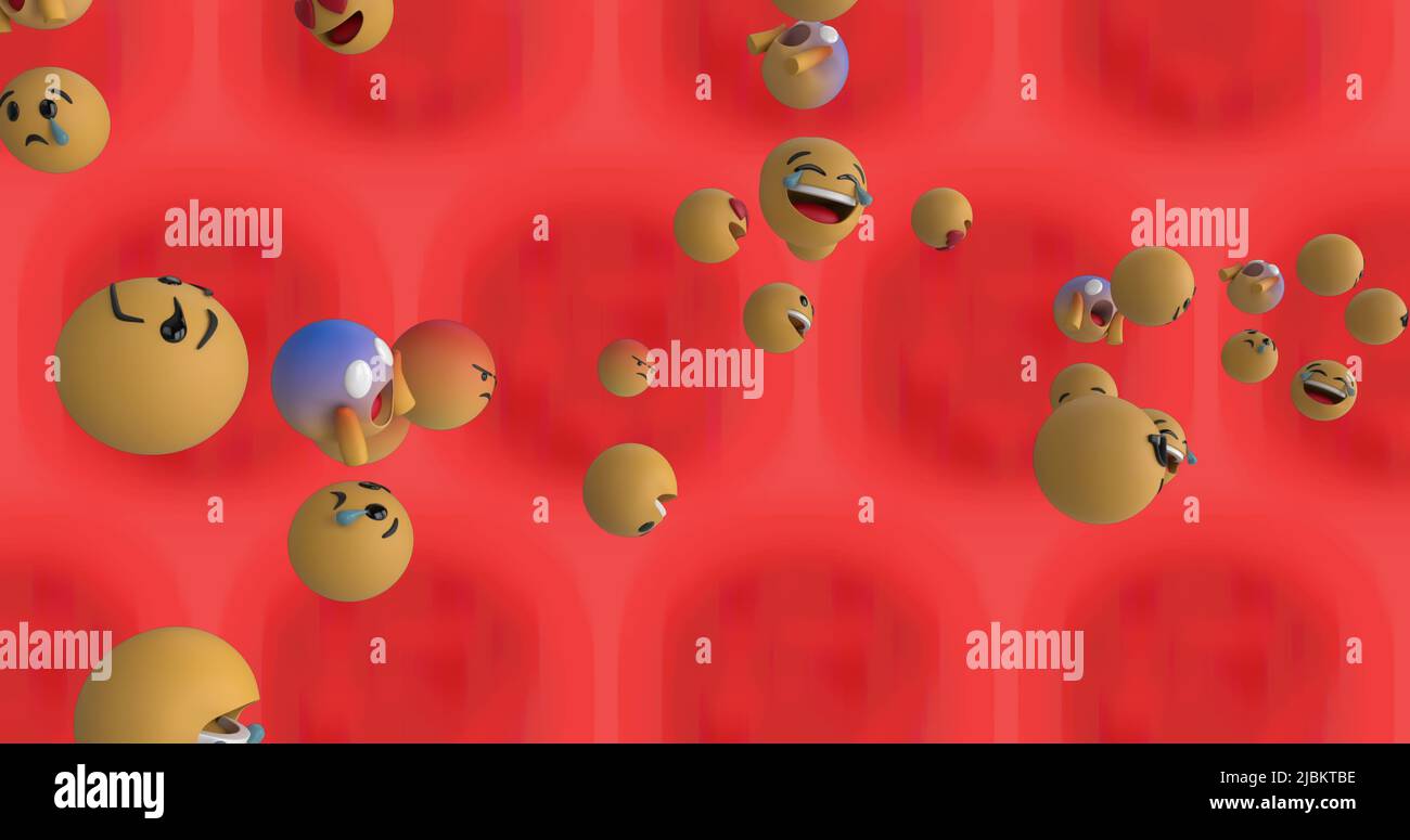 Image of multiple emojis falling over red background Stock Photo - Alamy