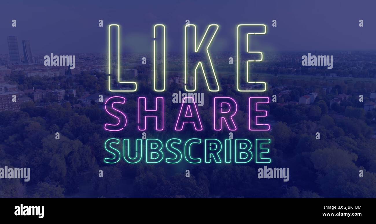 Image of like, share, subscribe text over cityscape Stock Photo - Alamy