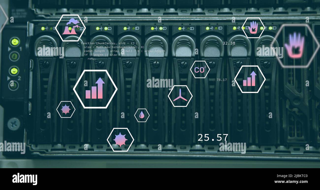 Image of digital icons and data processing over servers Stock Photo - Alamy