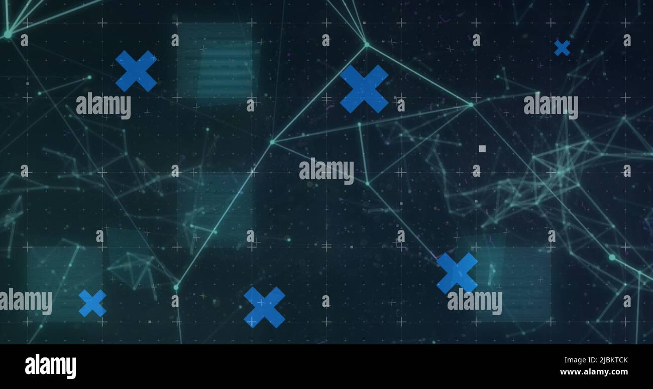 Abstract shapes and grid network over network of connections against ...
