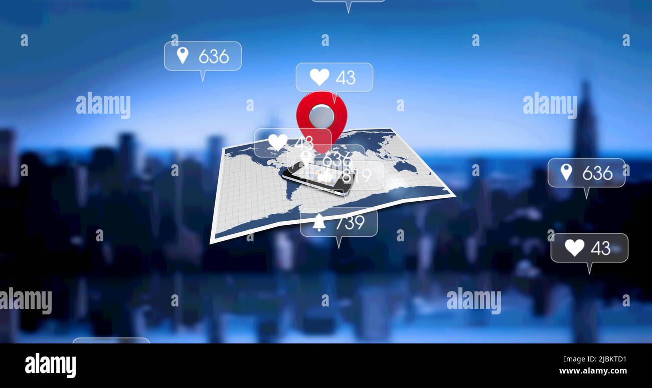 Image of world map and icons over city scape Stock Photo - Alamy