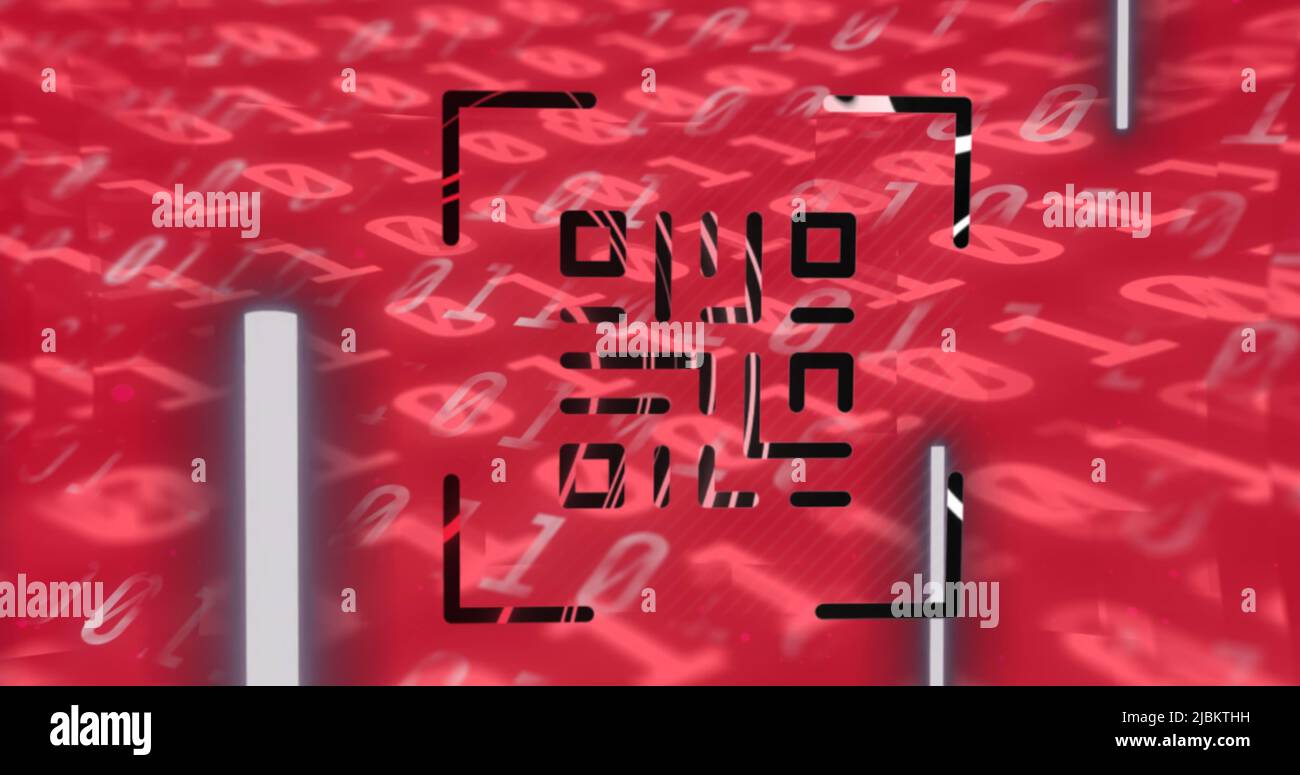 Digital Image Of Qr Code Scanner Against Binary Coding Digital Processing Against Red Background