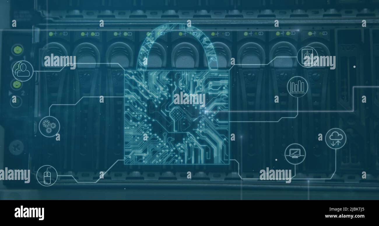 Security padlock icons and microprocessor connections against close up ...