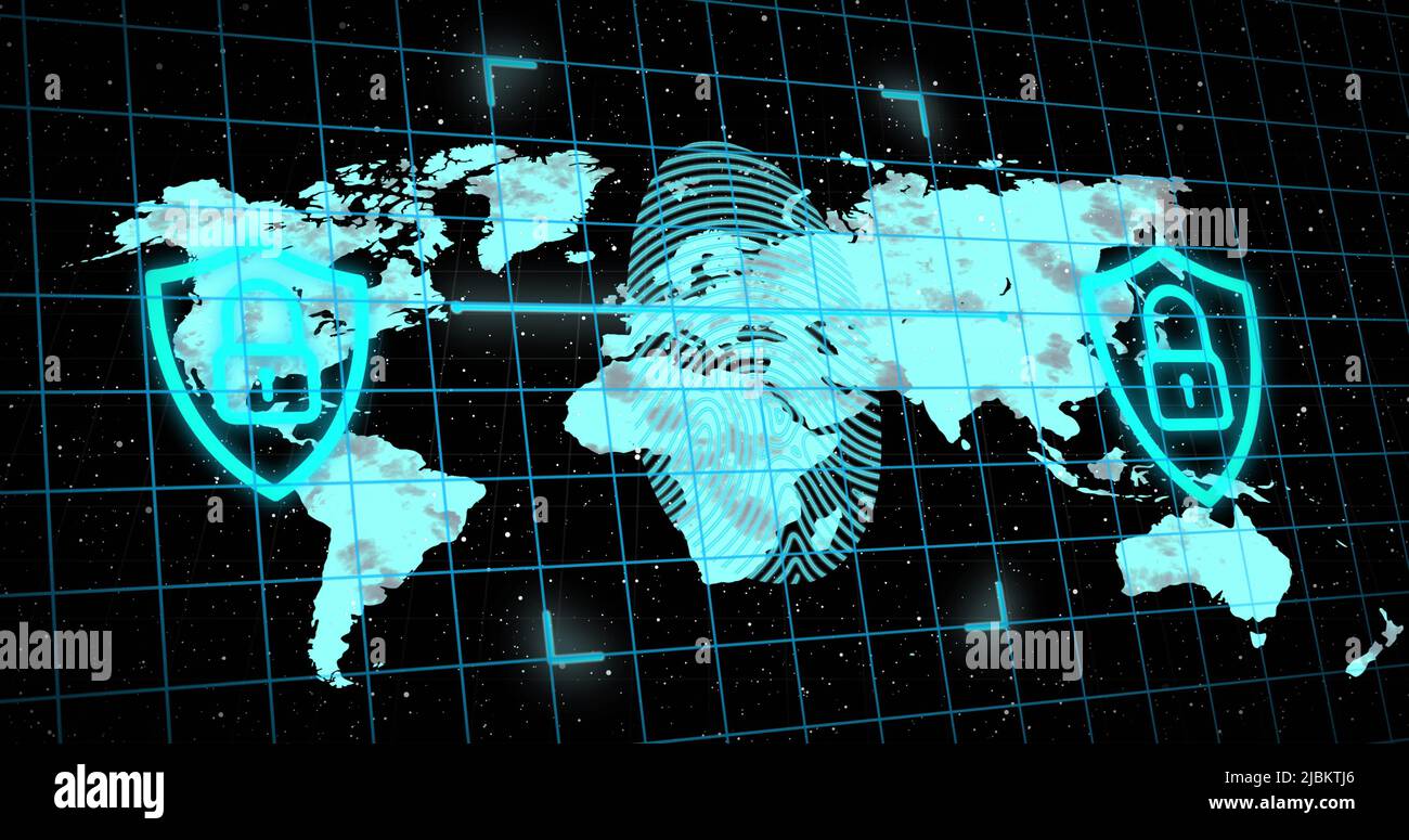Security padlock icon and biometric fingerprint scanner over grid ...