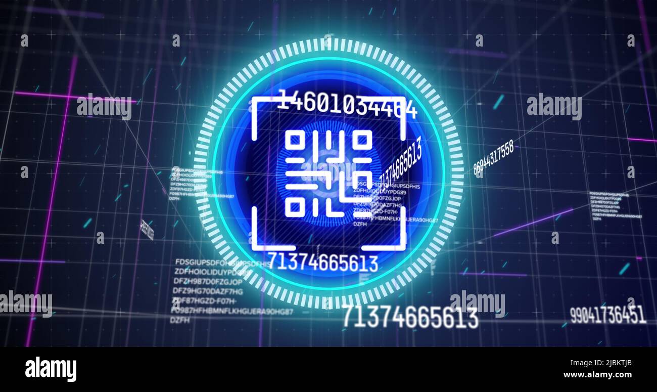 Image of qr code online security, scope scanning and numbers changing over grid in background ...