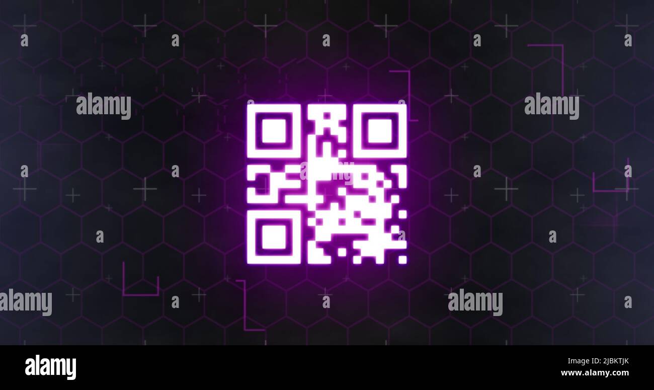 Image of glowing online security qr code with markers and hexagons on ...