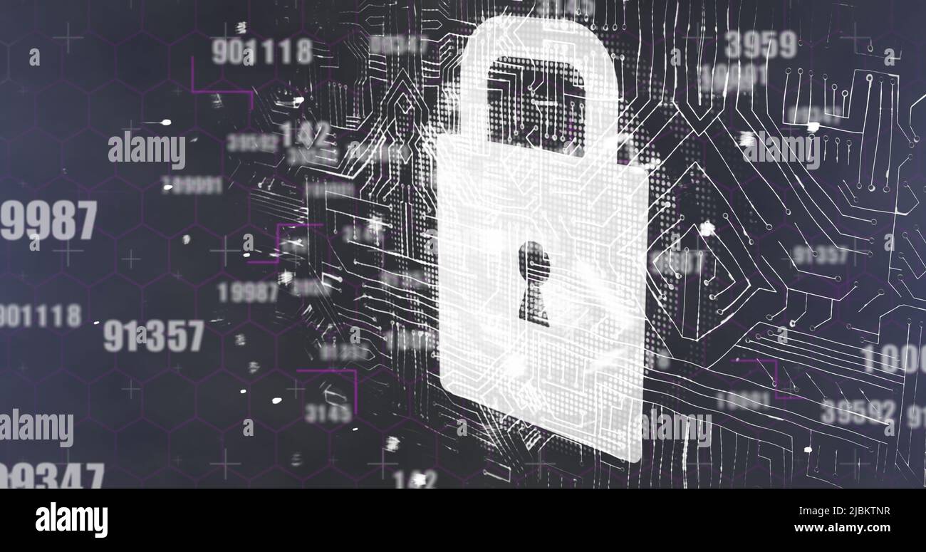 Digital image of multiple changing numbers against security padlock ...