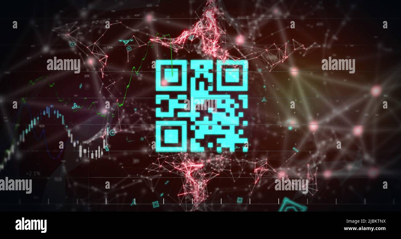 Image of a blue QR code with webs of connection over blue graph ...