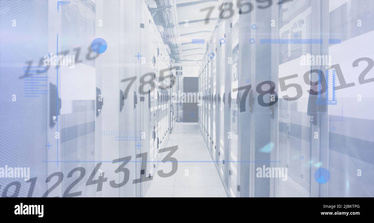 Digital composite image of multiple changing numbers against empty server room Stock Photo - Alamy