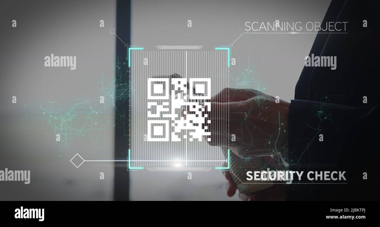 Image of white QR code scanning with blue web of connection over man ...