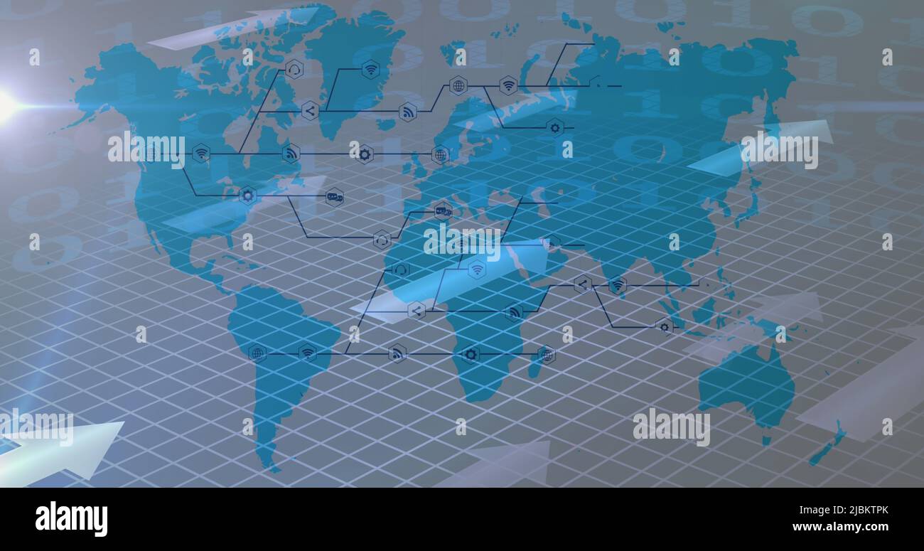 Binary Coding Data Processing And Grid Network Over World Map Against White Background Stock