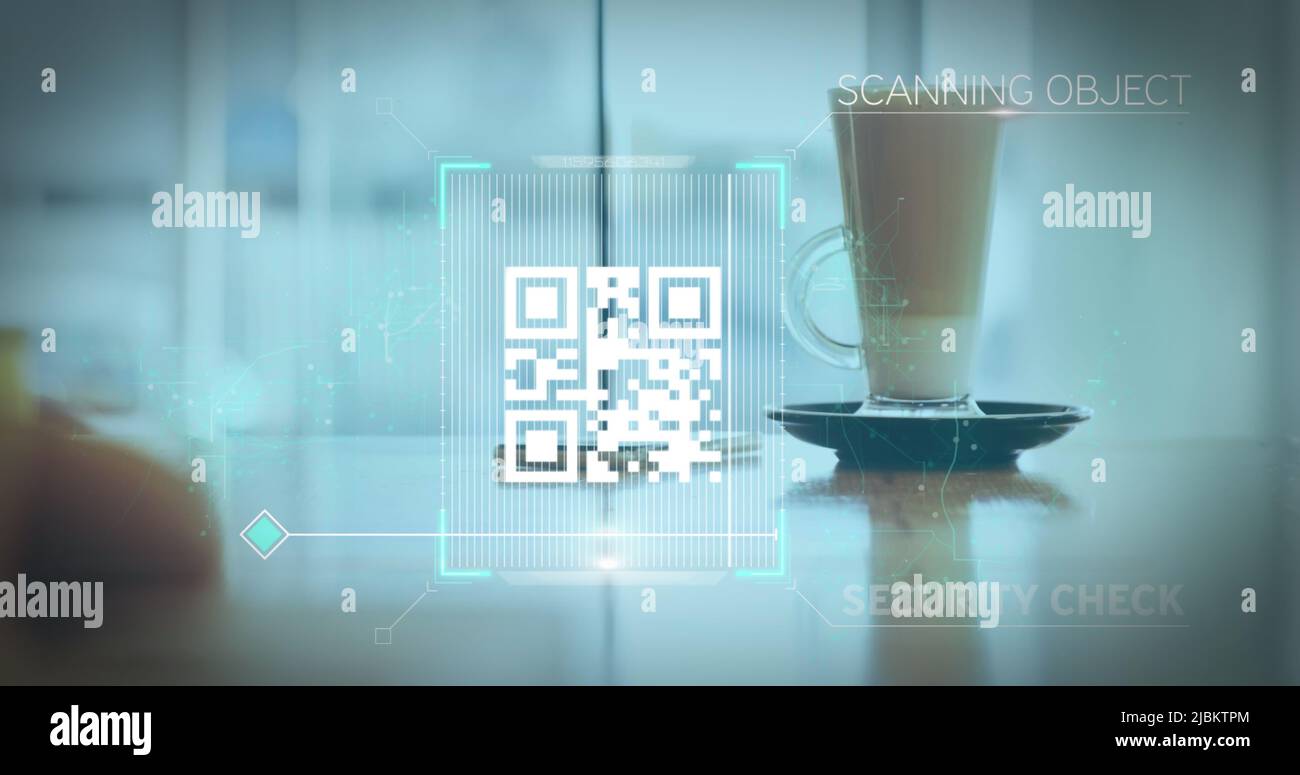 Image of a white QR code scanning over a cup of caffe latte standing ...