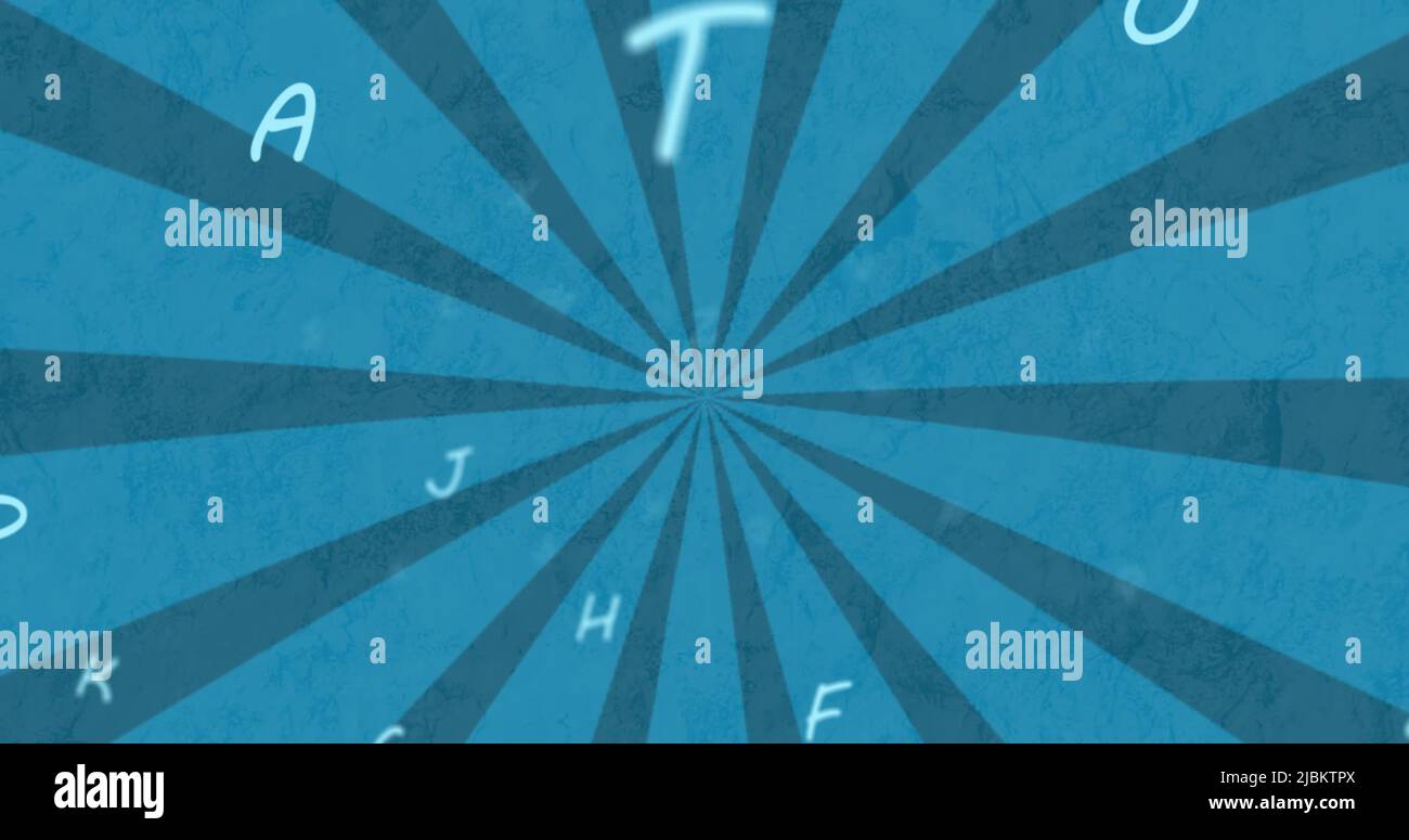 Digital image of multiple english letters floating against blue radial ...