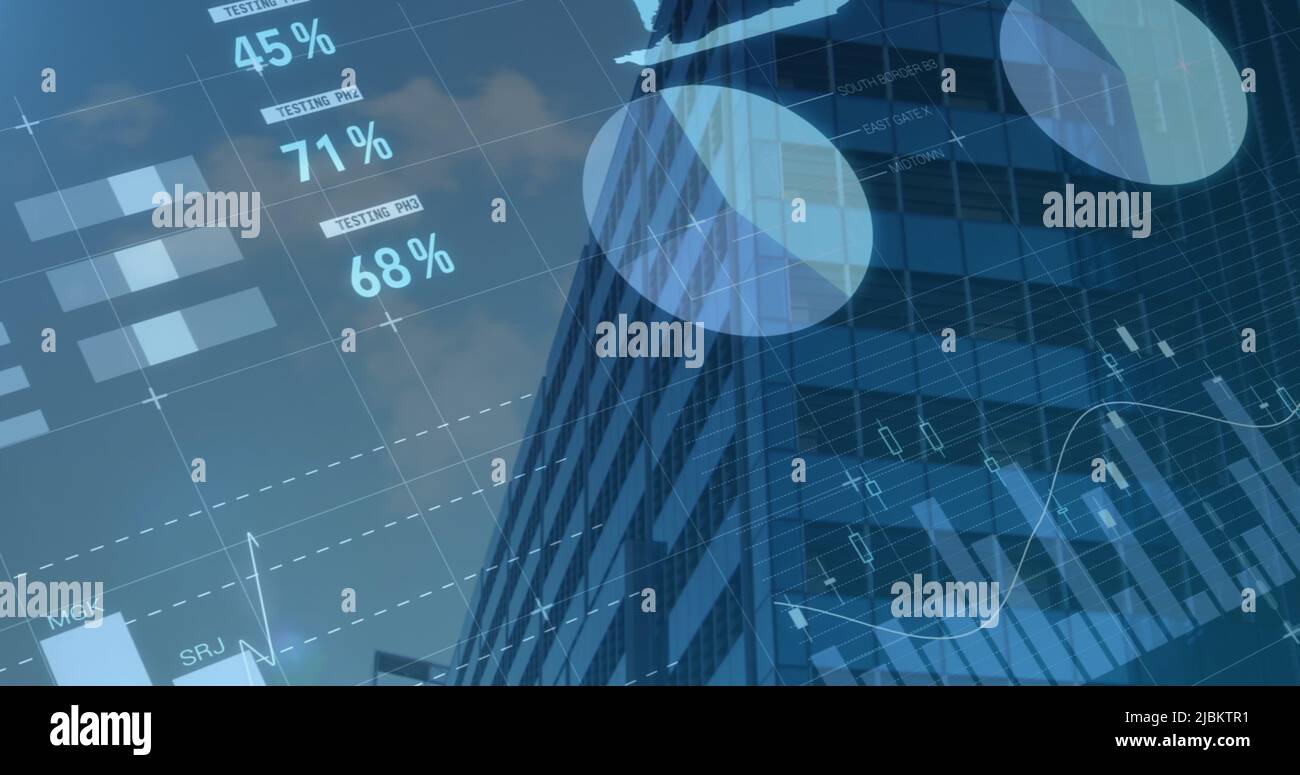 Composite image of statistical data processing against tall building ... Composite image of statistical data processing against tall building ...
