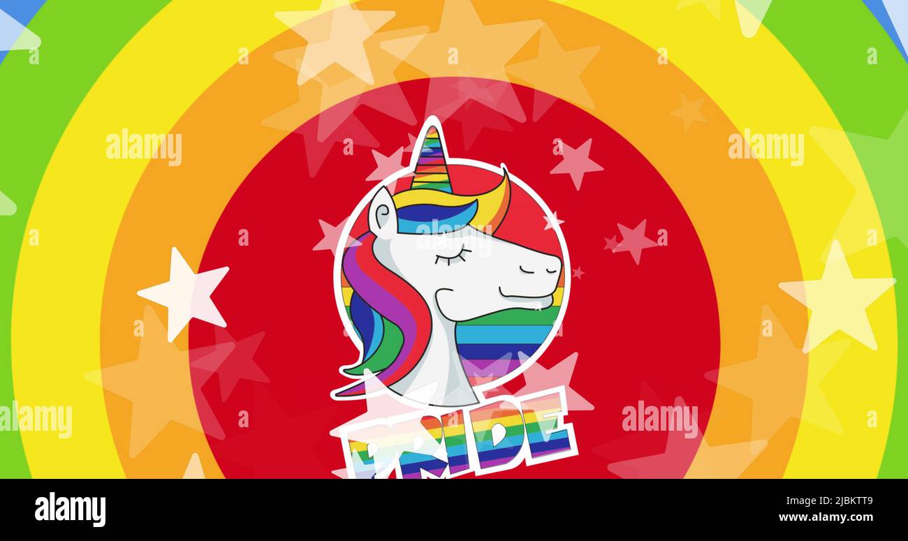 Image of stars over pride text on rainbow background Stock Photo - Alamy