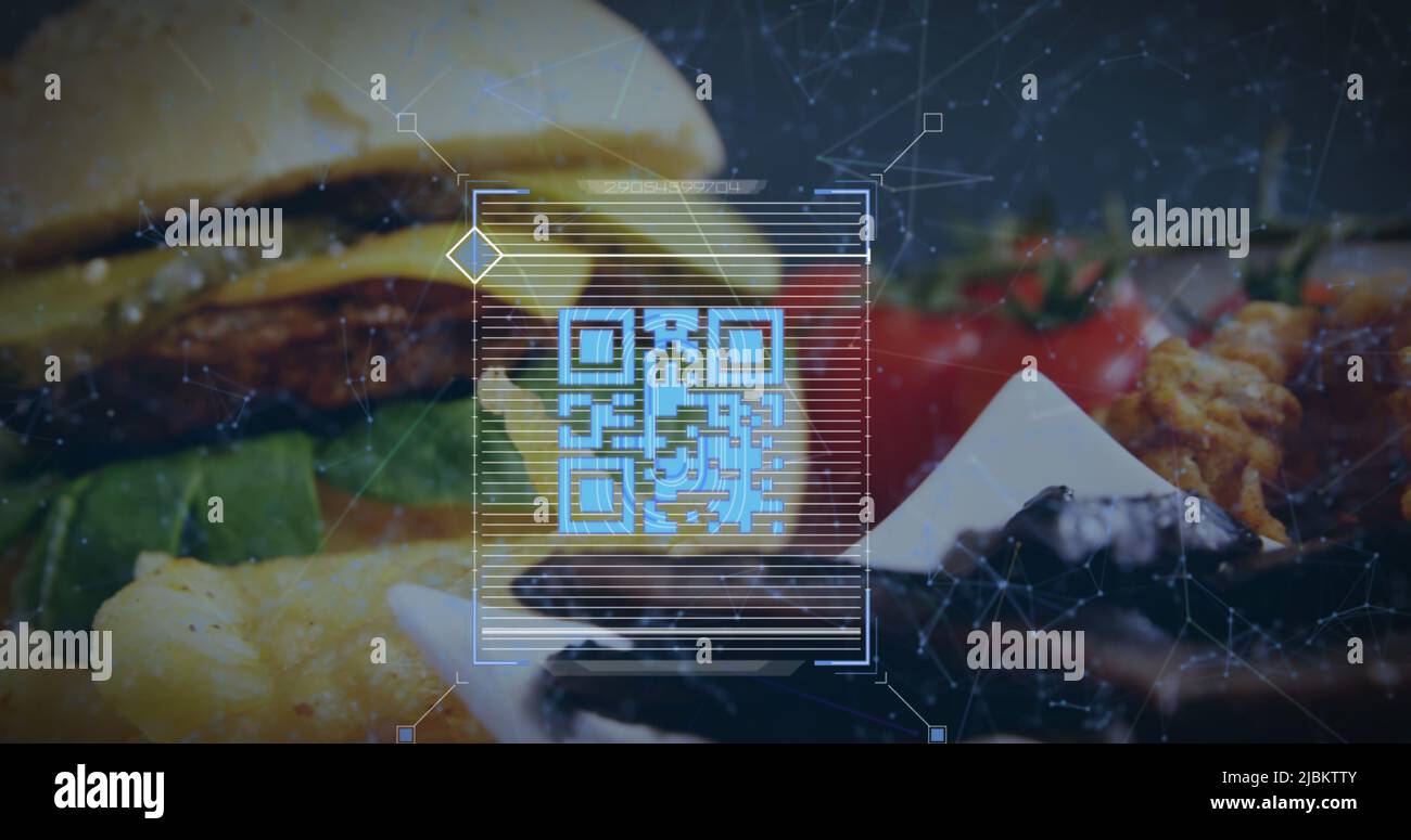 Image of blue QR code with web connections over fast food meal Stock ...