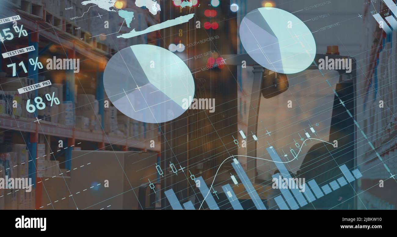 Image of graphs and financial data over forklift in warehouse Stock ...