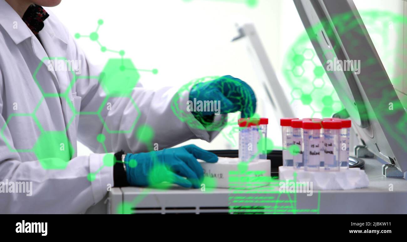 Image of chemical formulas and data processing over caucasian male lab ...
