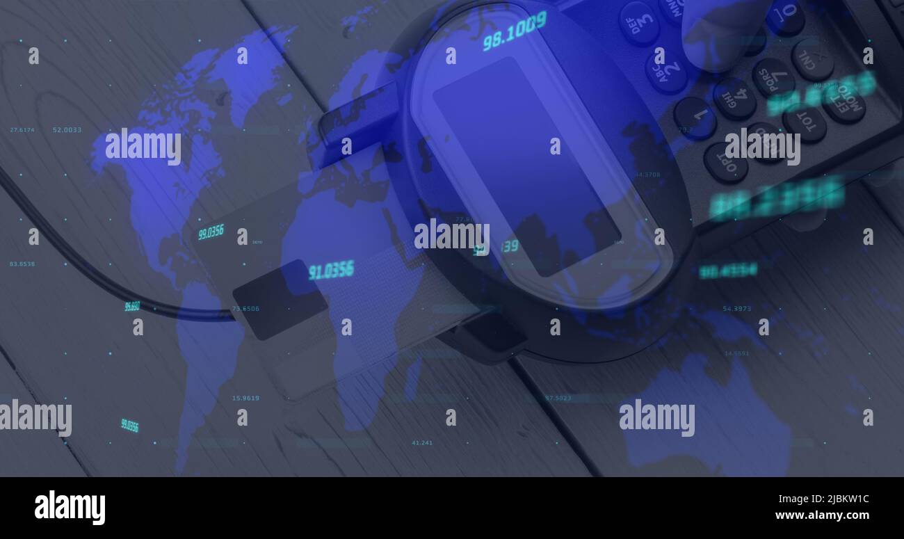 Image of world map and changing numbers over hand of caucasian man ...
