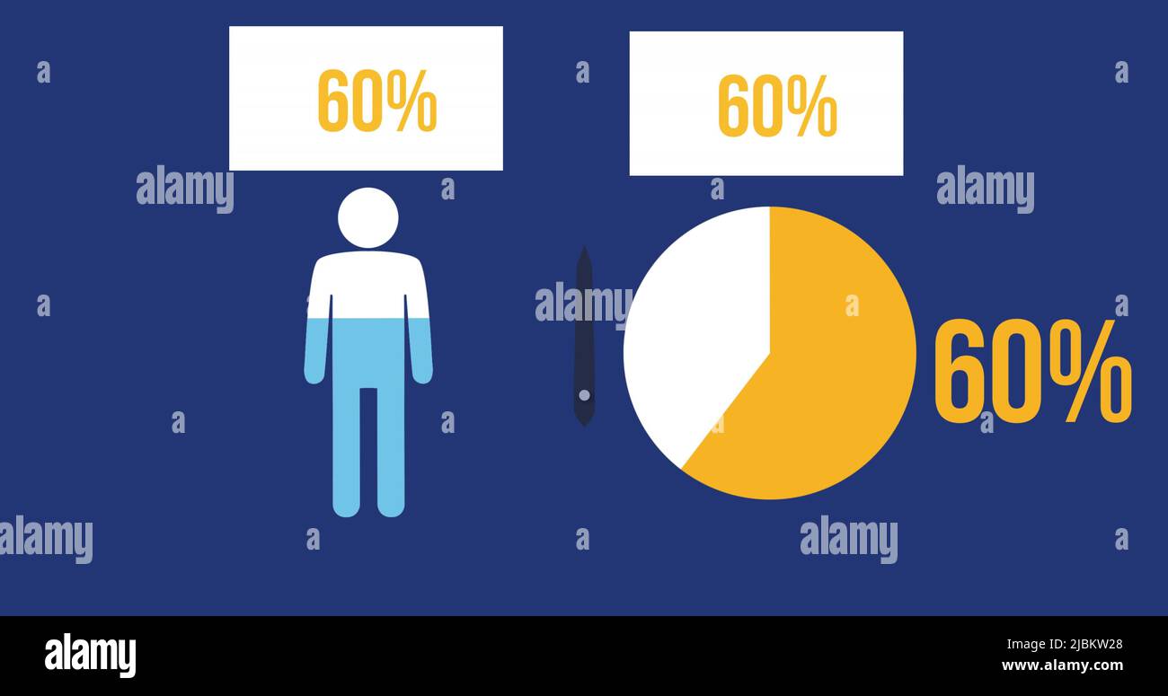 Image of man pictogram and pie chart with percent growing on blue ...