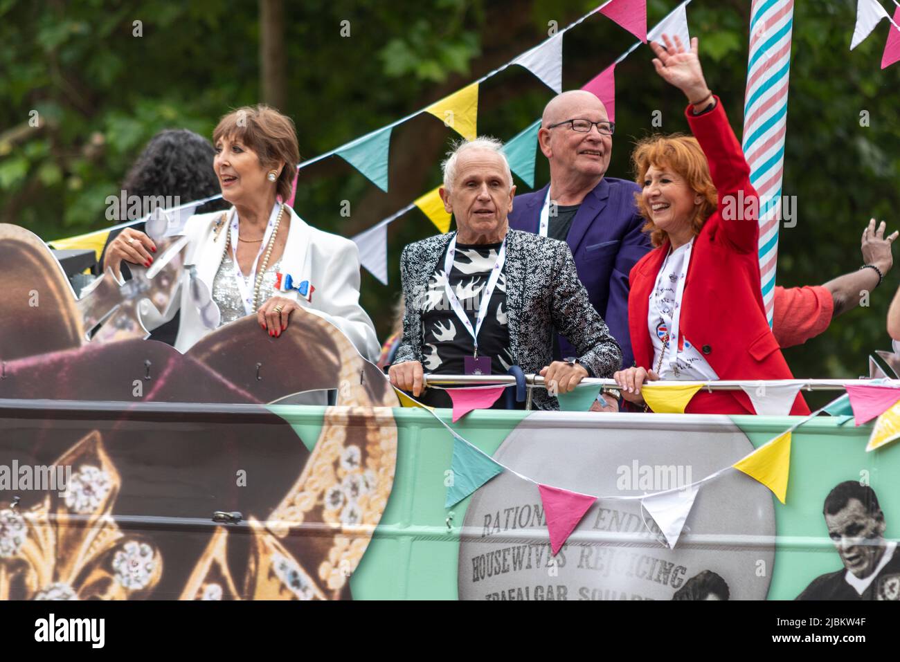 Celebrities on open top bus at the Queen's Platinum Jubilee Pageant ...