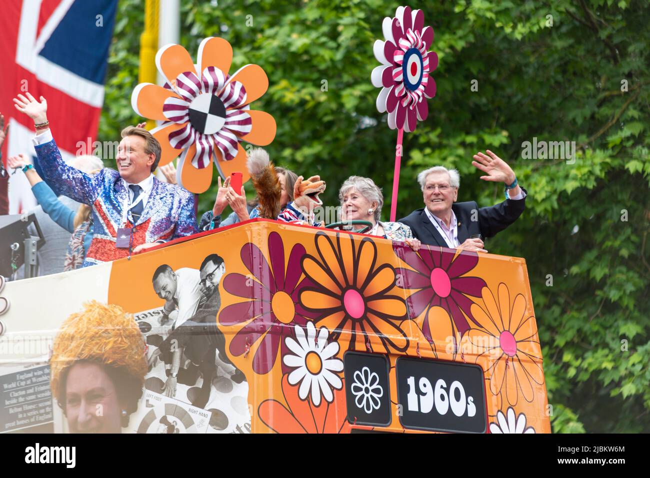 Celebrities on open top bus at the Queen's Platinum Jubilee Pageant ...