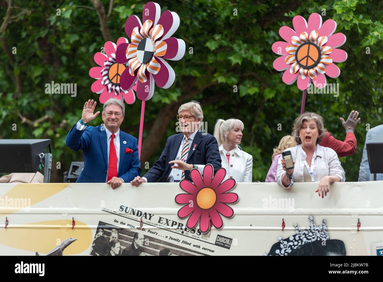 Celebrities on open top bus at the Queen's Platinum Jubilee Pageant ...