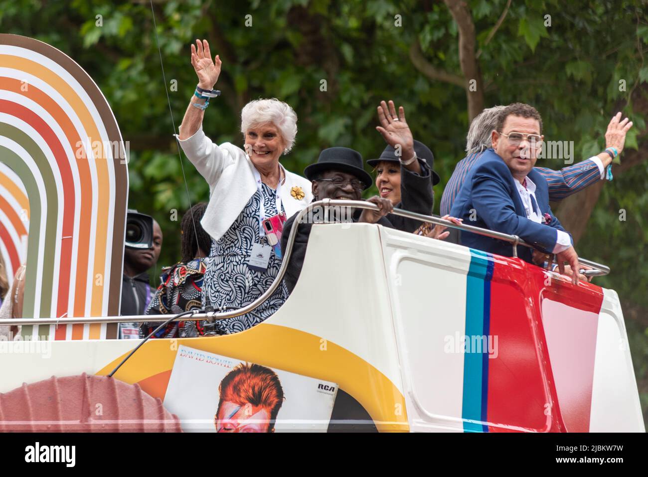 Celebrities on open top bus at the Queen's Platinum Jubilee Pageant ...