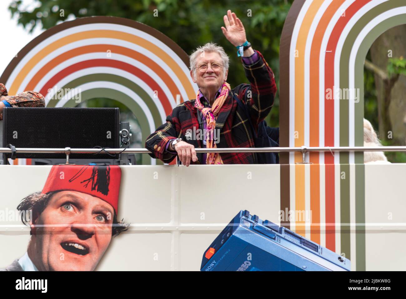 Celebrities on open top bus at the Queen's Platinum Jubilee Pageant ...