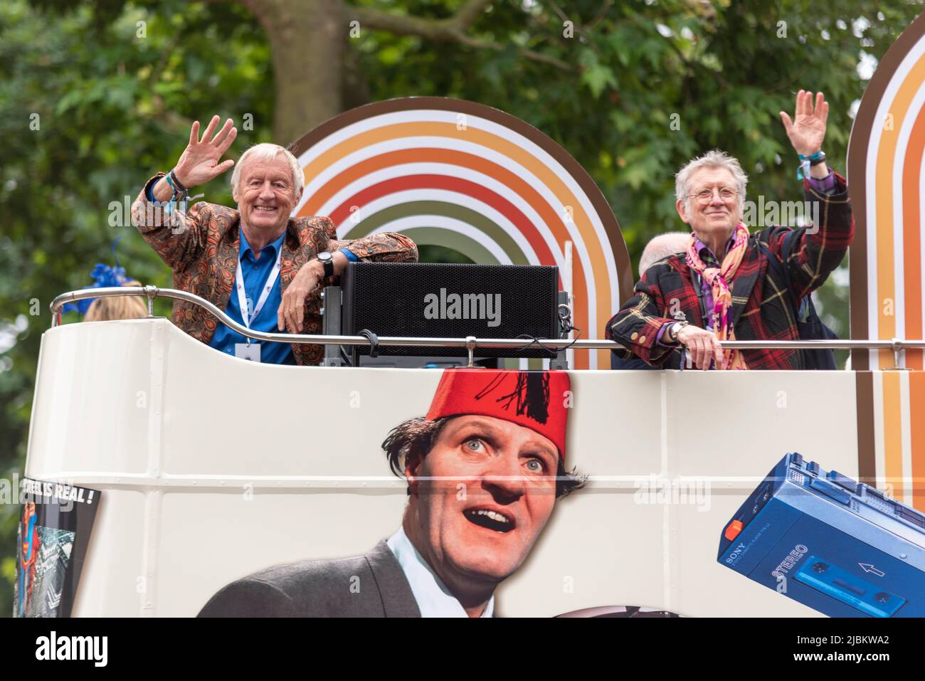 Celebrities on open top bus at the Queen's Platinum Jubilee Pageant ...