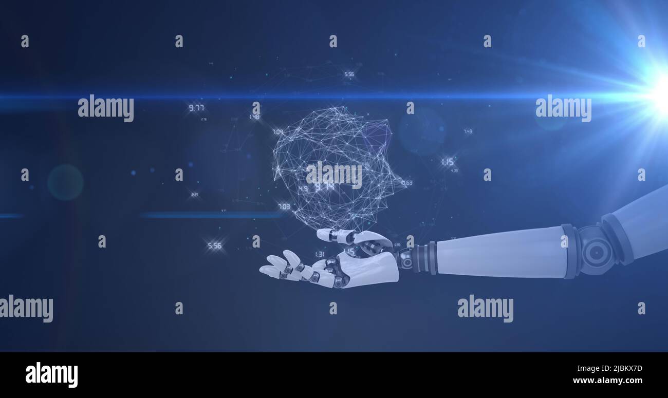 Image of network of connections processing data over hand of robot arm ...