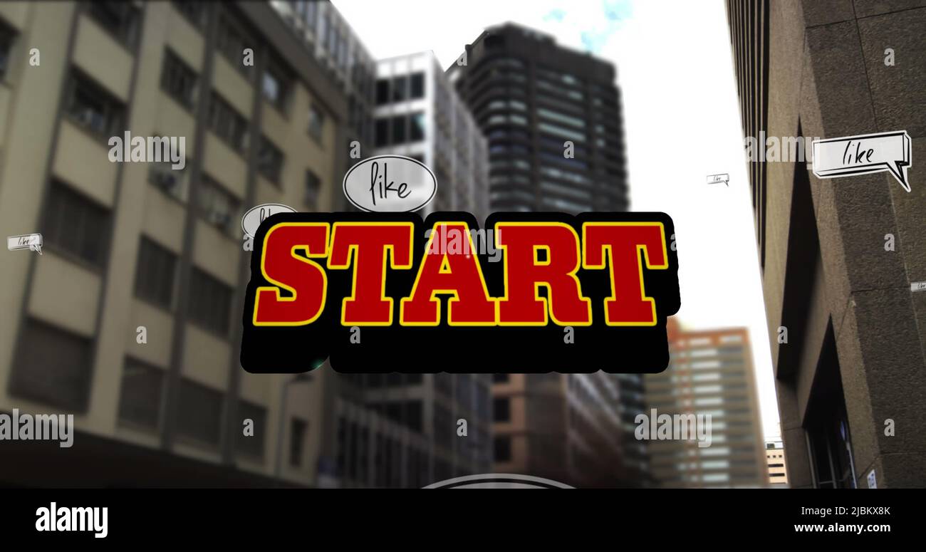 Image of start text in red letters over cityscape Stock Photo - Alamy