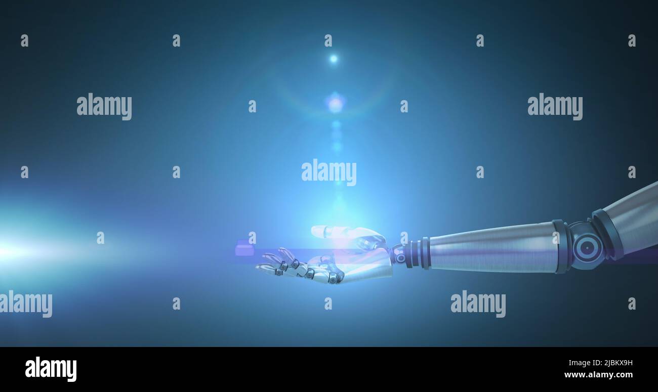 Image of blue light flare over hand of extended robot arm on blue ...
