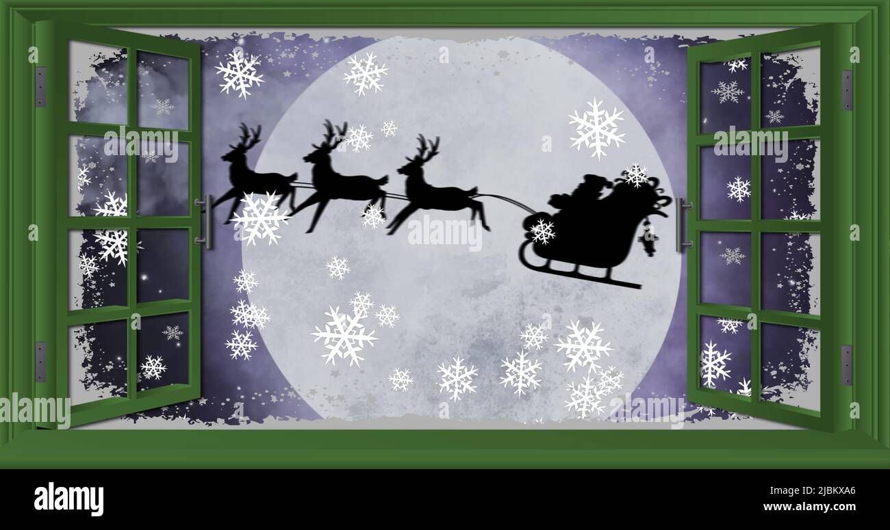 Image of snow falling over santa in sleigh at christmas Stock Photo - Alamy