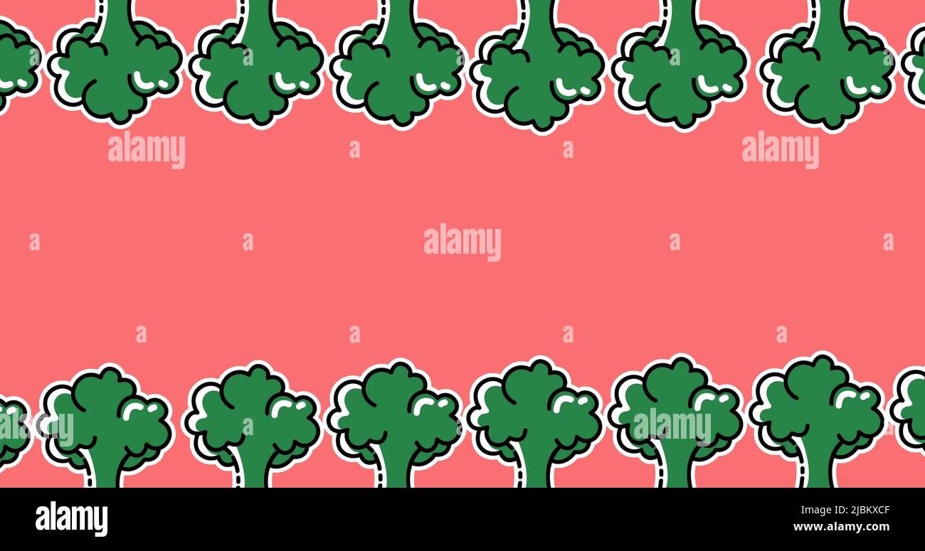 Image of two rows of green broccoli moving at top and bottom of pink ...