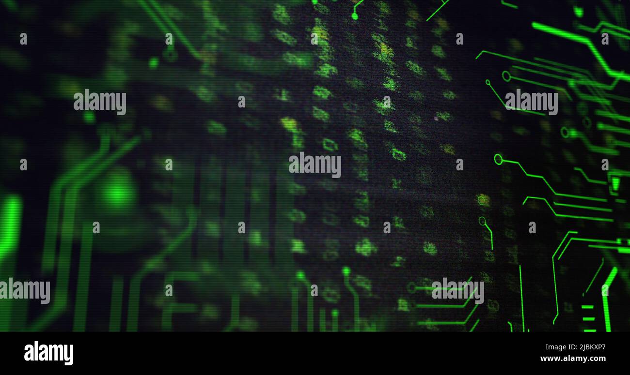 Image of data processing and green integrated circuit on black ...