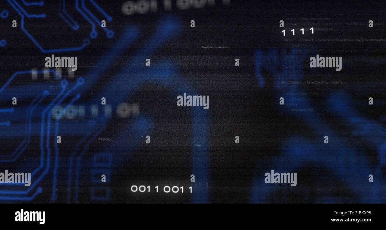 Image of data processing and blue integrated circuit on black ...