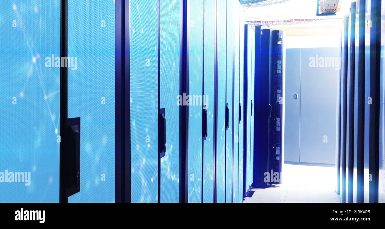 Image of moving shapes over server room Stock Photo - Alamy