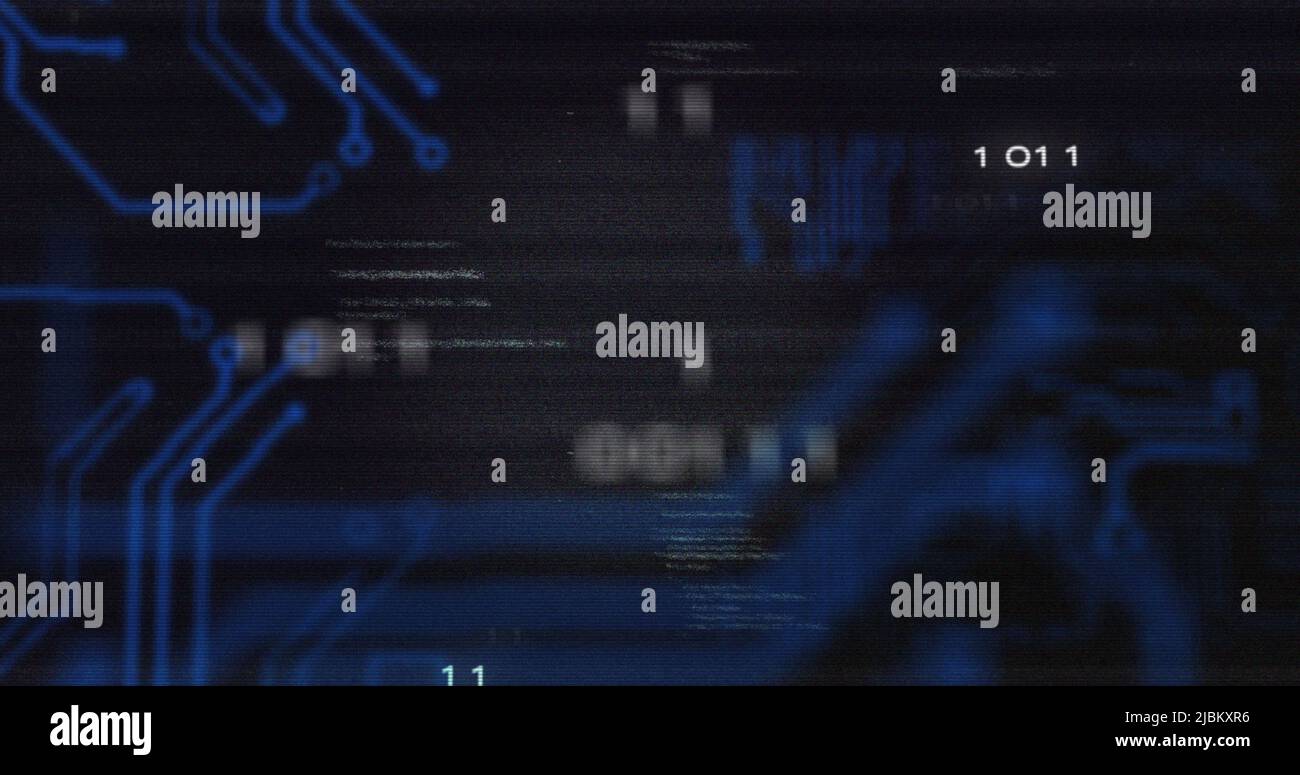 Image of data processing and blue integrated circuit on black ...