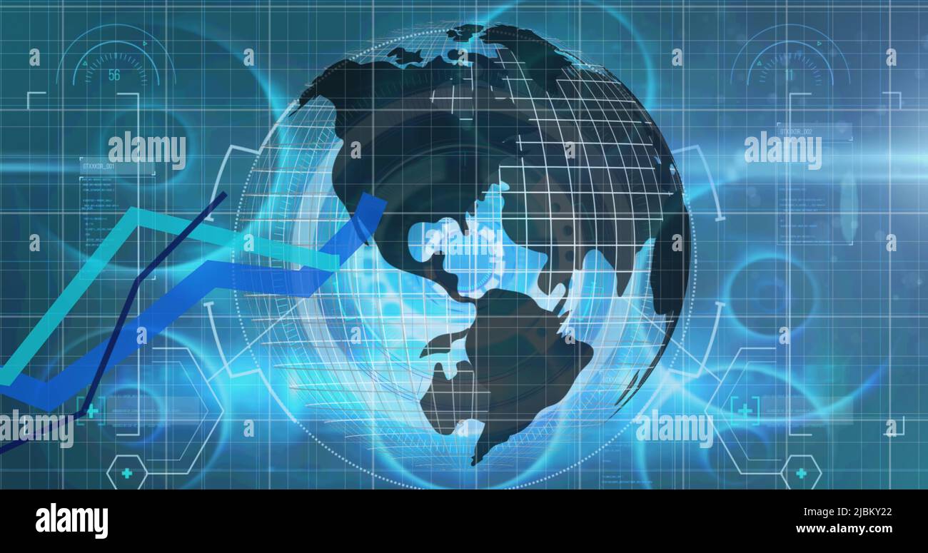 Image of financial data and graphs over globe rotating on blue ...