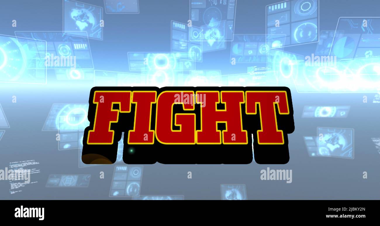 Image of fight text and data processing on black background Stock Photo ...