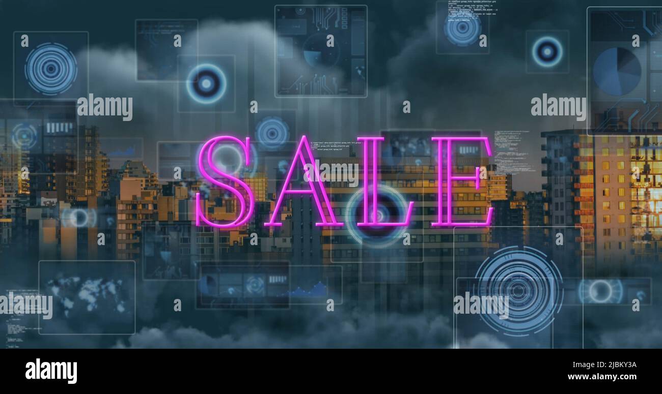 Image of sale text and data processing over cityscape Stock Photo - Alamy