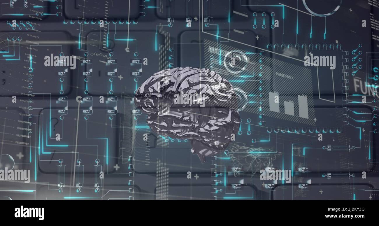 Image of human brain and data processing over black background Stock ...