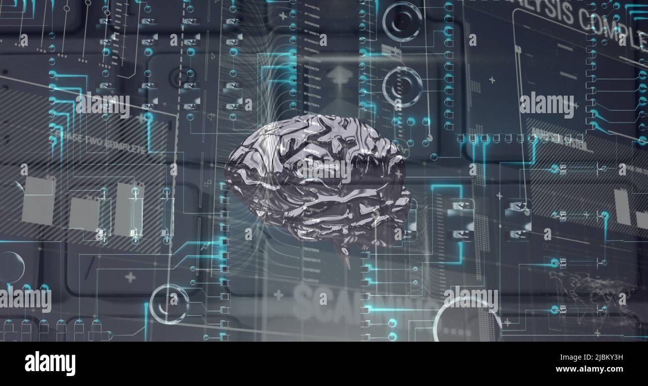 Image of human brain and data processing over black background Stock ...