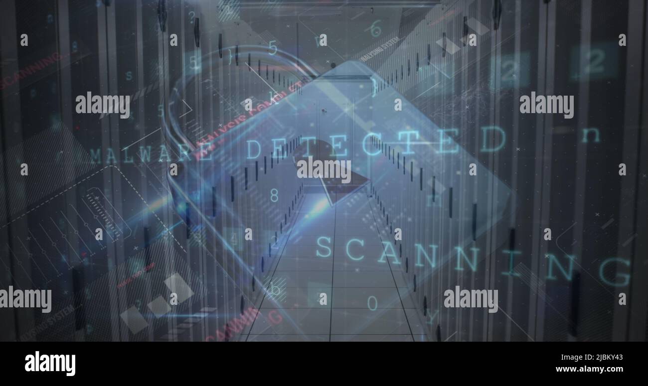 Image of digital data processing and security padlock over server room Stock Photo - Alamy