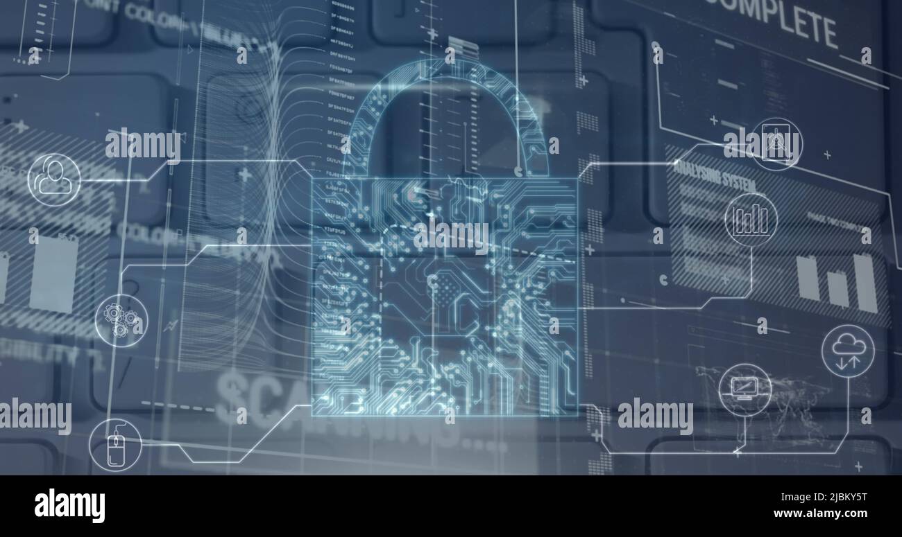 Image of security padlock and data processing over navy background ...