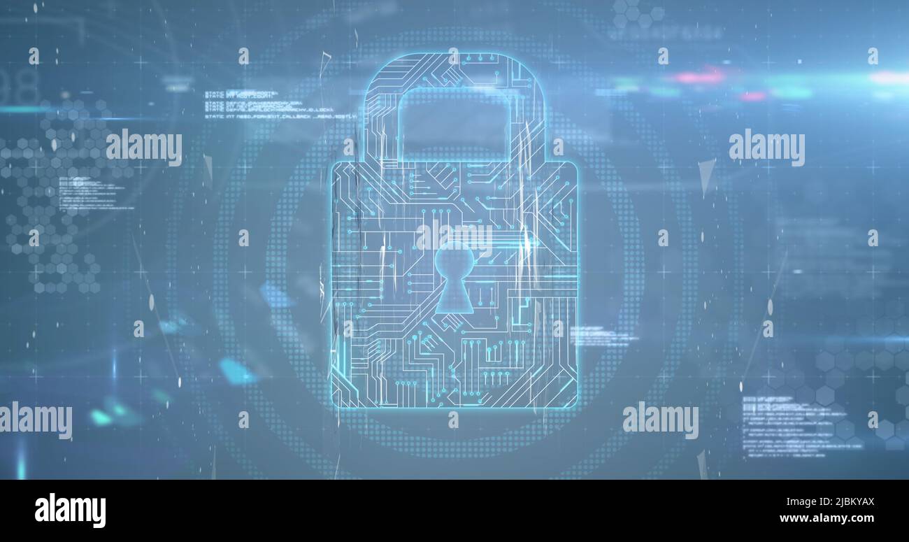 Image of network of digital files and online security padlock with data processing Stock Photo ...