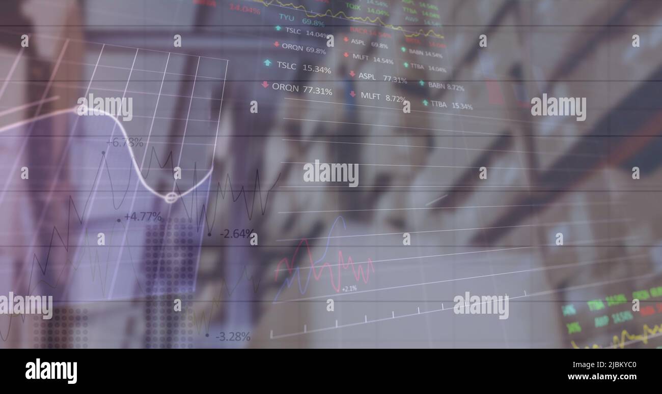 Image of financial data and graphs over packages in warehouse Stock ...