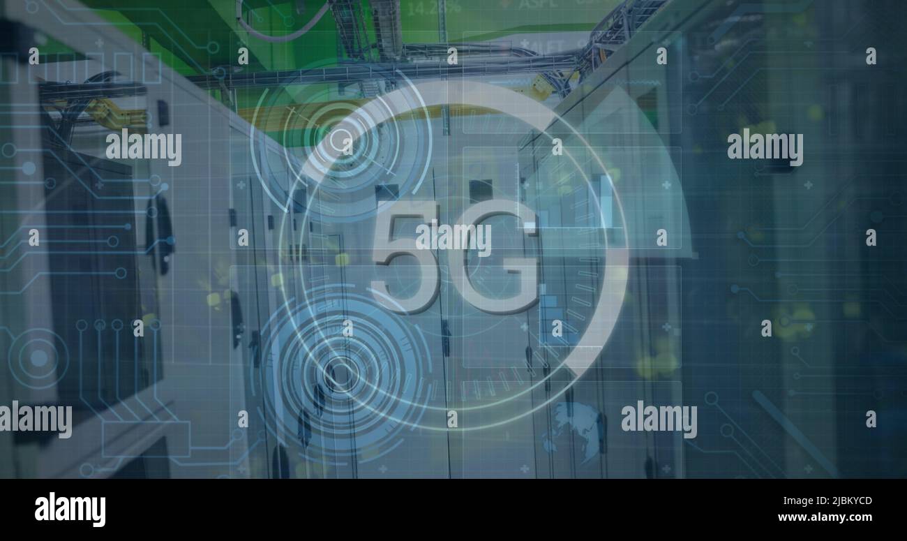Image of data processing and scope scanning with 5g text over server room Stock Photo - Alamy