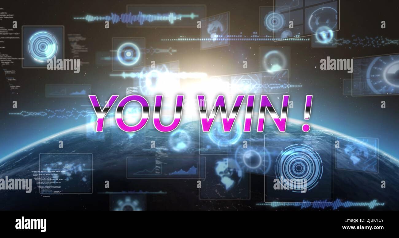 Image of you win text and data processing with globe on black ...